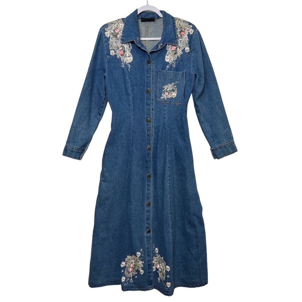 Vintage Embellished Long Max Denim Shirt Dress Size M… - Gem